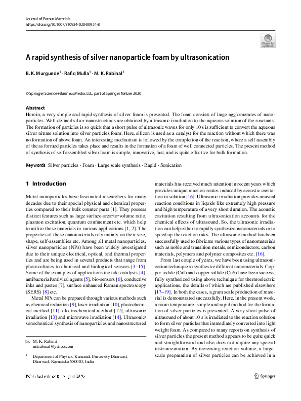 (PDF) A rapid synthesis of silver nanoparticle foam by ultrasonication