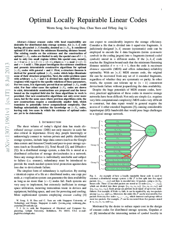 (PDF) Optimal Locally Repairable Linear Codes