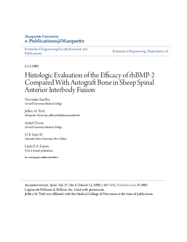 (PDF) Histologic Evaluation of the Efficacy of rhBMP-2 Compared With Autograft Bone in Sheep ...