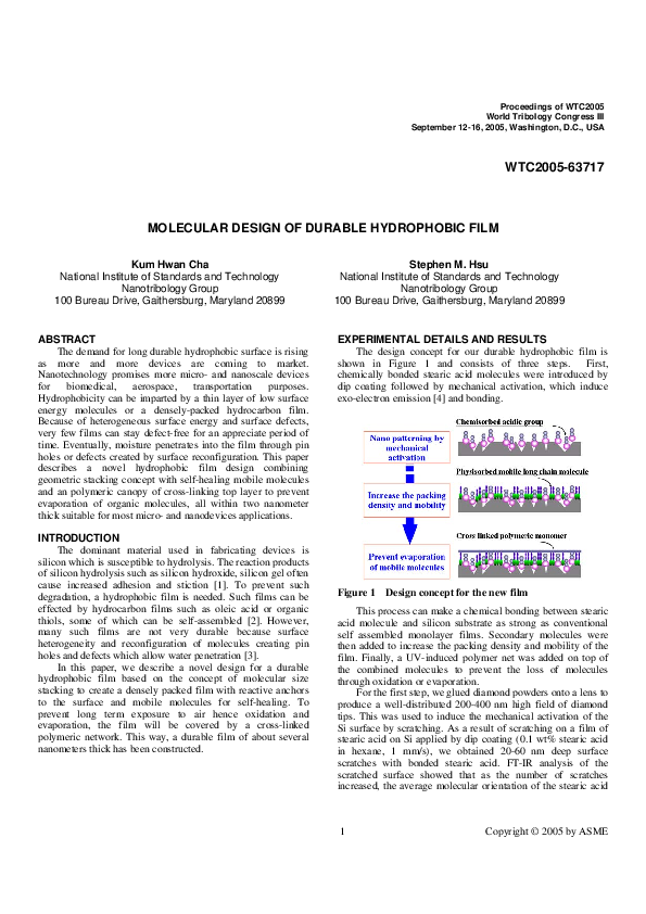 (PDF) Molecular Design of Durable Hydrophobic Film | stephen Hsu - Academia.edu