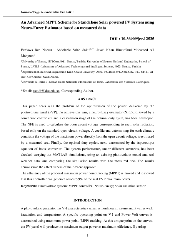 Pdf An Advanced Mppt Scheme For Standalone Solar Powered Pv System Using Neuro Fuzzy Estimator