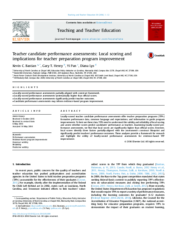 (PDF) Teacher candidate performance assessments: Local scoring and ...
