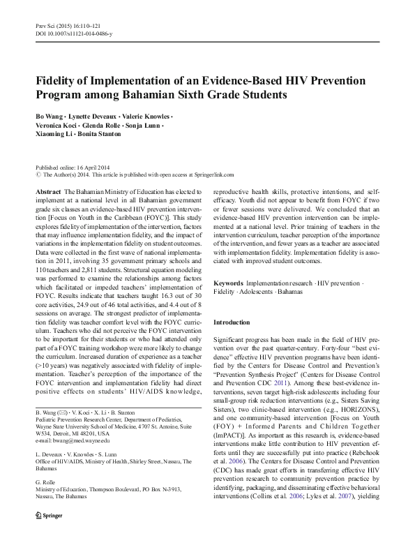 (PDF) Fidelity of Implementation of an Evidence-Based HIV Prevention Program among Bahamian ...