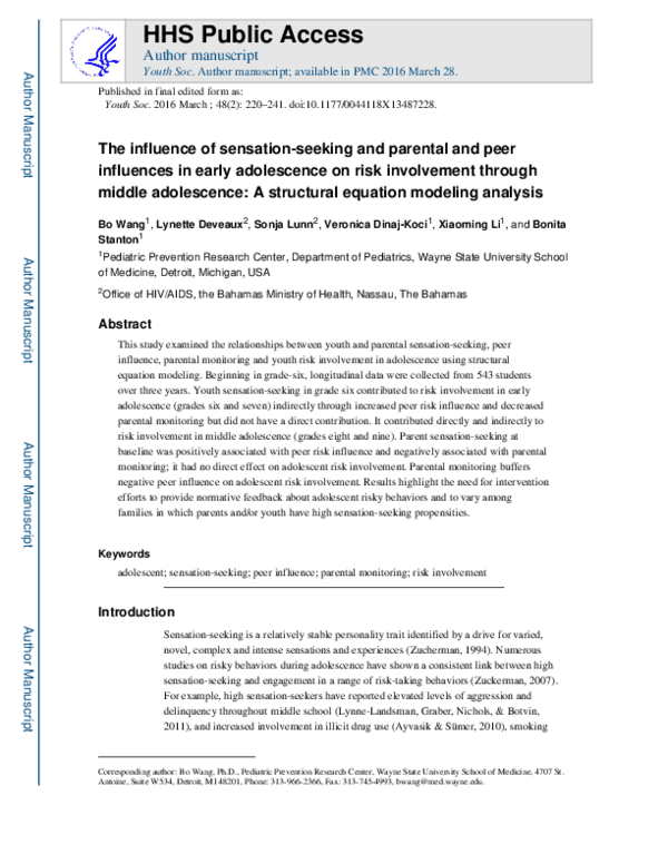 (PDF) The Influence of Sensation-Seeking and Parental and Peer ...