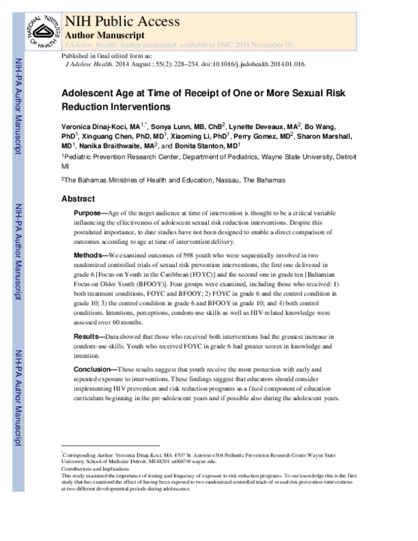 (PDF) Adolescent Age at Time of Receipt of One or More Sexual Risk Reduction Interventions