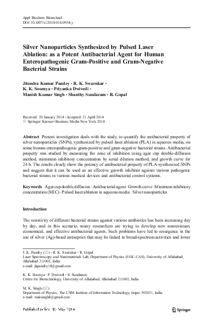(PDF) Silver nanoparticles synthesized by pulsed laser ablation: as a potent antibacterial agent ...