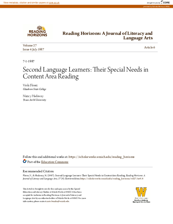 (PDF) Second Language Learners: Their Special Needs in Content Area Reading