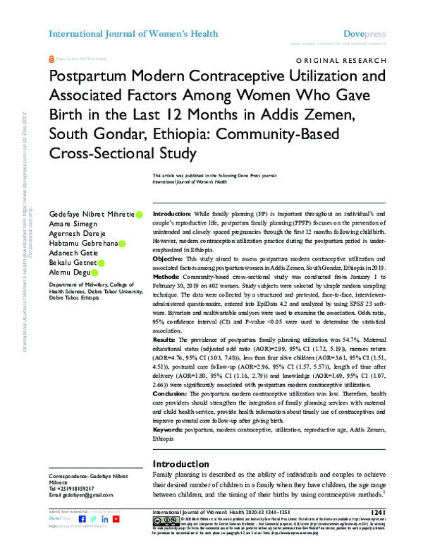 (PDF) Postpartum Modern Contraceptive Utilization and Associated ...