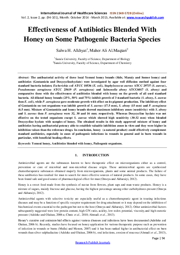 (PDF) Effectiveness of Antibiotics Blended With Honey on Some Pathogenic Bacteria Species