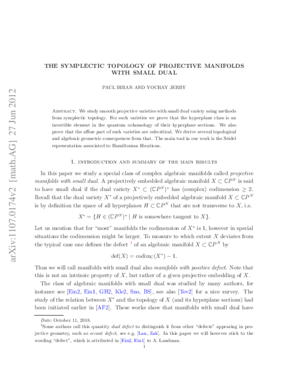 (PDF) 2 the Symplectic Topology of Projective Manifolds with Small Dual