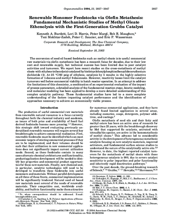 (PDF) Renewable Monomer Feedstocks via Olefin Metathesis: Fundamental ...