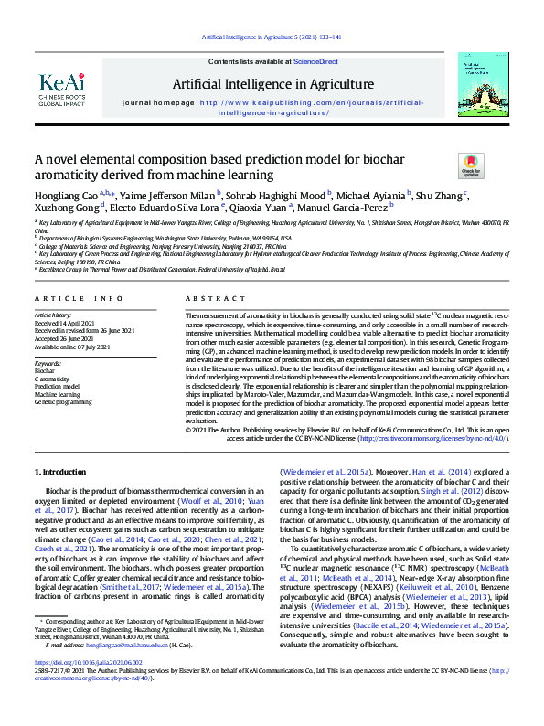 (PDF) A novel elemental composition based prediction model for biochar aromaticity derived from ...