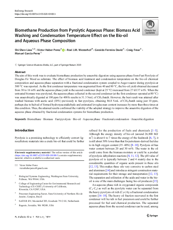 (PDF) Biomethane Production from Pyrolytic Aqueous Phase: Biomass Acid ...