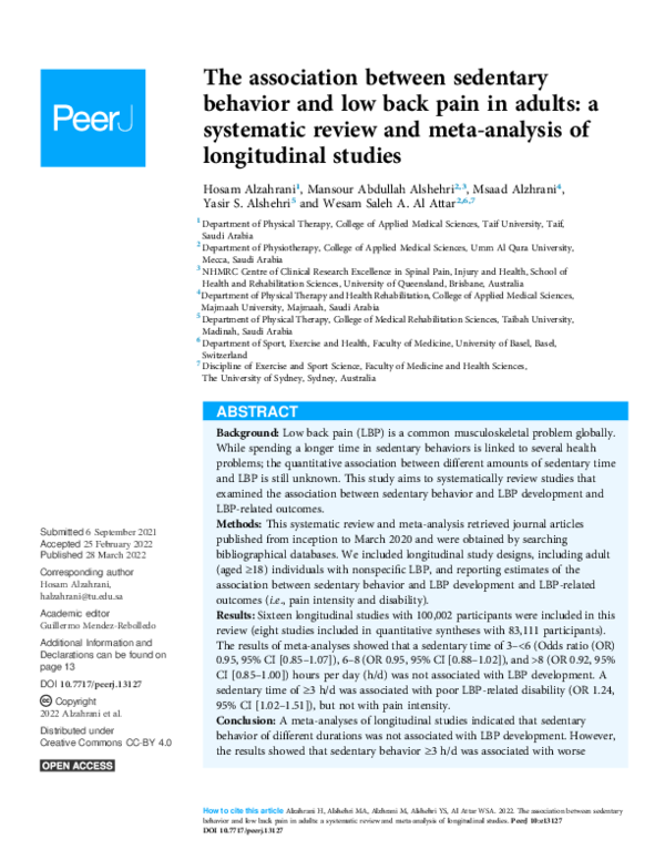 (PDF) The association between sedentary behavior and low back pain in adults: a systematic ...