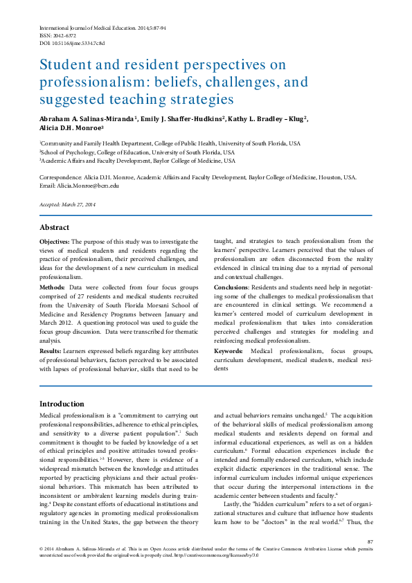 (PDF) Student and resident perspectives on professionalism: beliefs ...