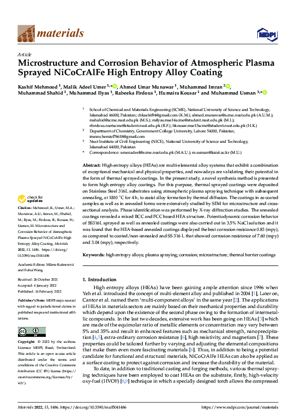(PDF) Microstructure and Corrosion Behavior of Atmospheric Plasma ...