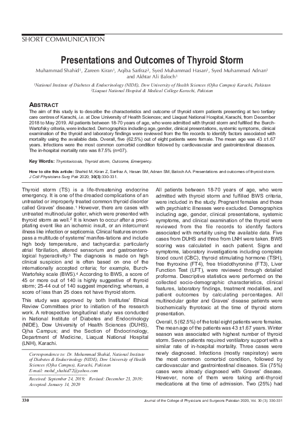 (PDF) Presentations and Outcomes of Thyroid Storm