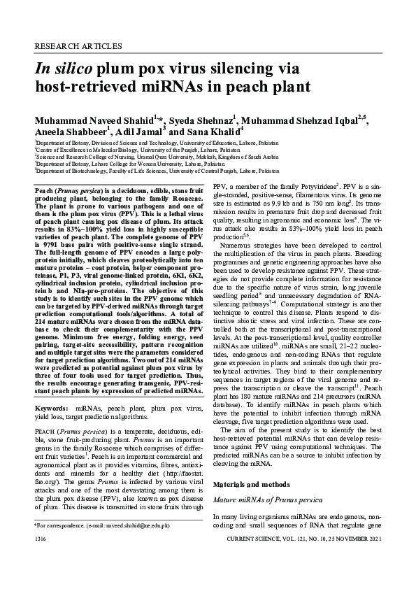 (PDF) In Silico Plum Pox Virus Silencing Via Host-retrieved miRNAs in ...
