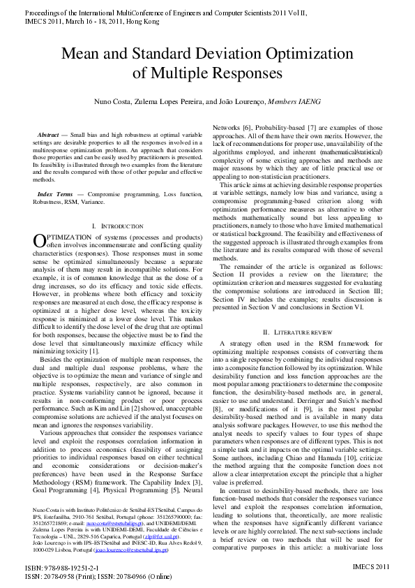Pdf Mean And Standard Deviation Optimization Of Multiple Responses