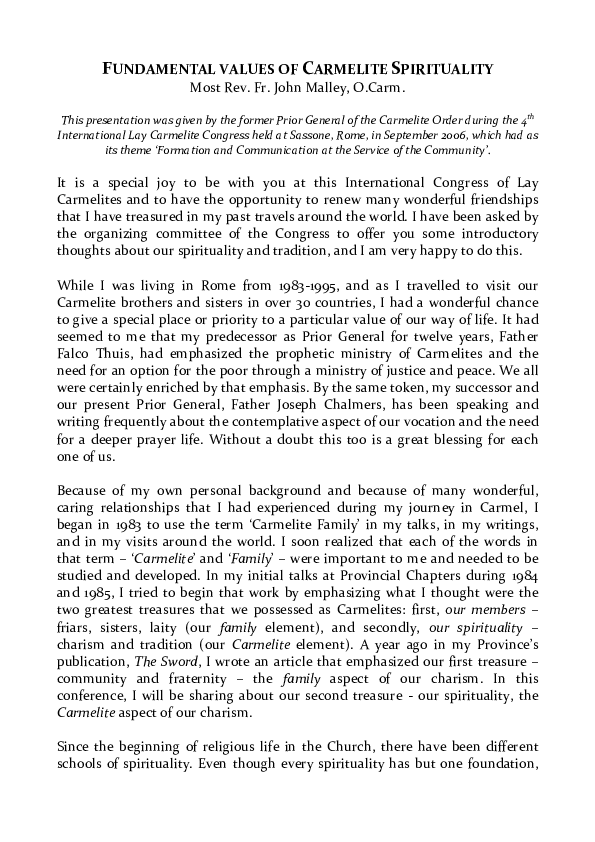 (PDF) FUNDAMENTAL VALUES OF CARMELITE SPIRITUALITY