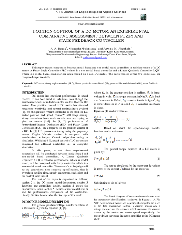(PDF) Position Control of a DC Motor: An Experimental Comparative Assessment Between Fuzzy and ...