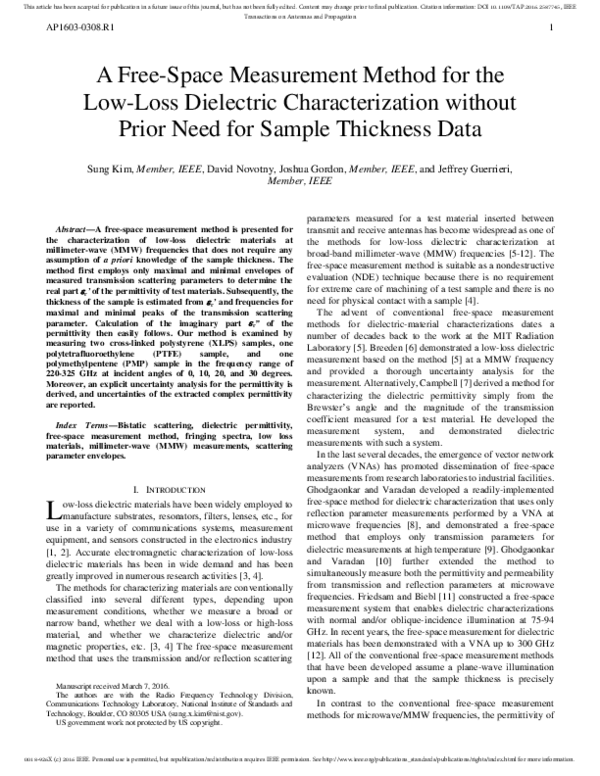 (PDF) A Free-Space Measurement Method for the Low-Loss Dielectric ...