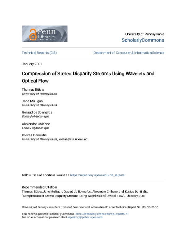 (PDF) Compression of Stereo Disparity Streams Using Wavelets and Optical Flow