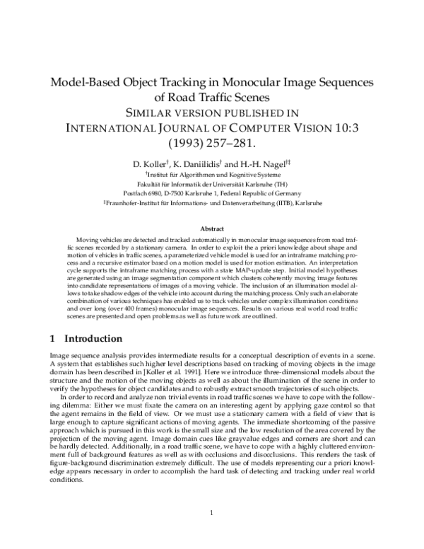 Pdf Model Based Object Tracking In Monocular Image Sequences Of Road Traffic Scenes