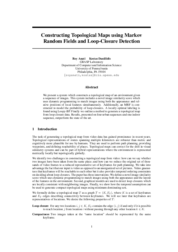 Pdf Constructing Topological Maps Using Markov Random Fields And Loop Closure Detection