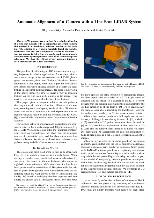 Pdf Automatic Alignment Of A Camera With A Line Scan Lidar System