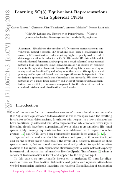 (PDF) Learning SO(3) Equivariant Representations with Spherical CNNs