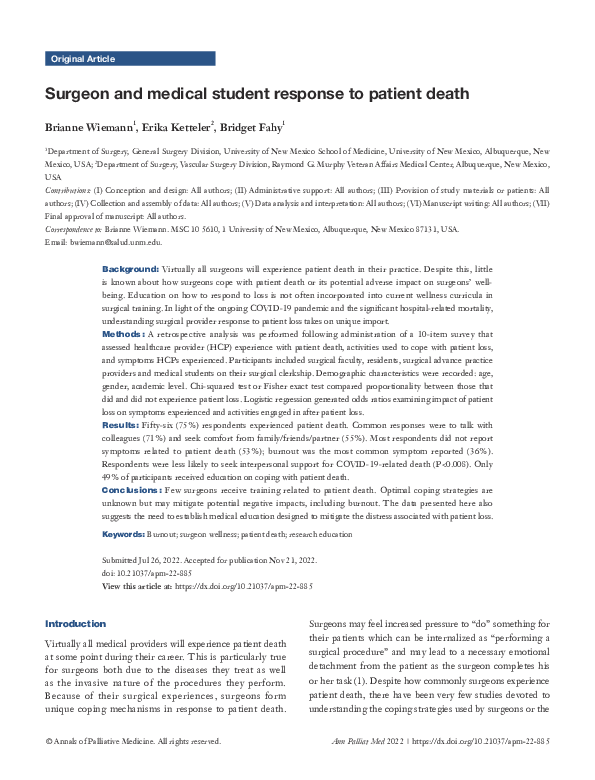 (PDF) Surgeon and medical student response to patient death