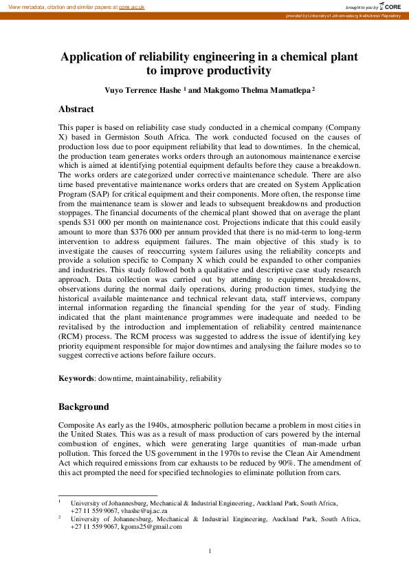 (PDF) Application of Reliability Engineering in a Chemical Plant to ...