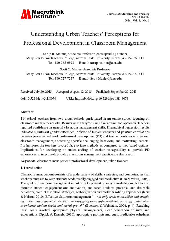 (PDF) Understanding Urban Teachers’ Perceptions for Professional Development in Classroom Management