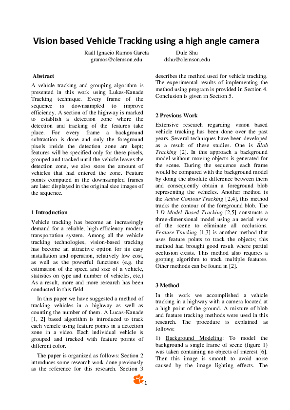Pdf Vision Based Vehicle Tracking Using A High Angle Camera