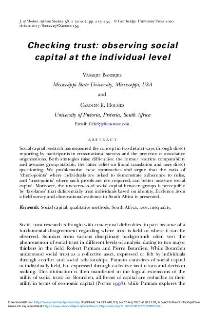 (PDF) Checking trust: observing social capital at the individual level