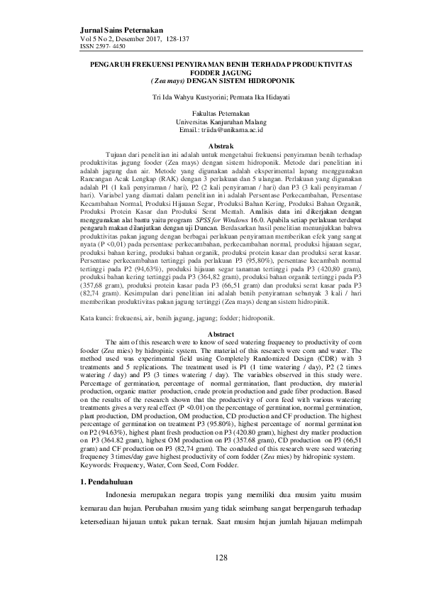(PDF) Pengaruh frekuensi penyiraman benih terhadap produktivitas fodder jagung ( zea mays ...