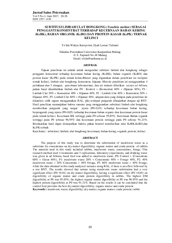 (PDF) Subtitusi limbah ulat hongkong (tenebrio molitor) sebagai pengganti konsentrat terhadap ...