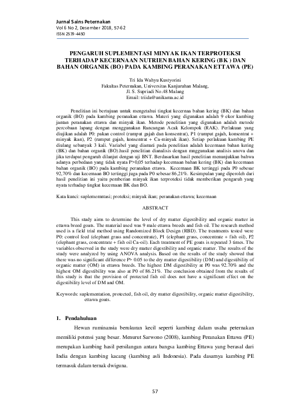 (PDF) Pengaruh suplementasi minyak ikan terproteksi terhadap kecernaan nutrien bahan kering (bk ...