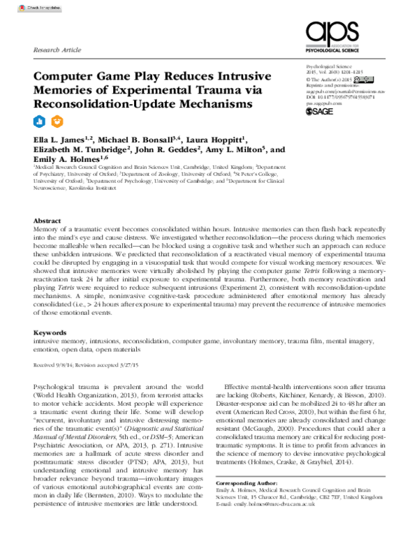 (PDF) Tetris Reduces Trauma Intrusions via Reconsolidation