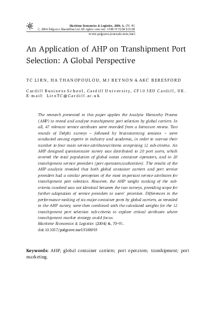 (PDF) An Application of AHP on Transhipment Port Selection: A Global Perspective | Taih-cherng ...