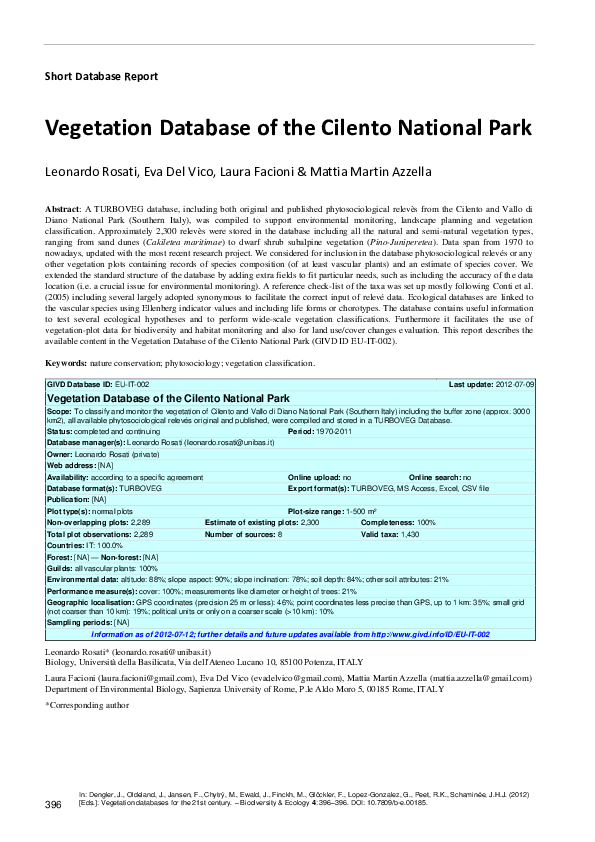(PDF) Vegetation Database of the Cilento National Park
