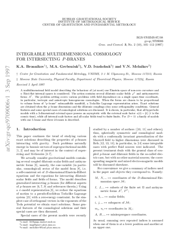(PDF) Integrable Multidimensional Cosmology for Intersecting P-Branes