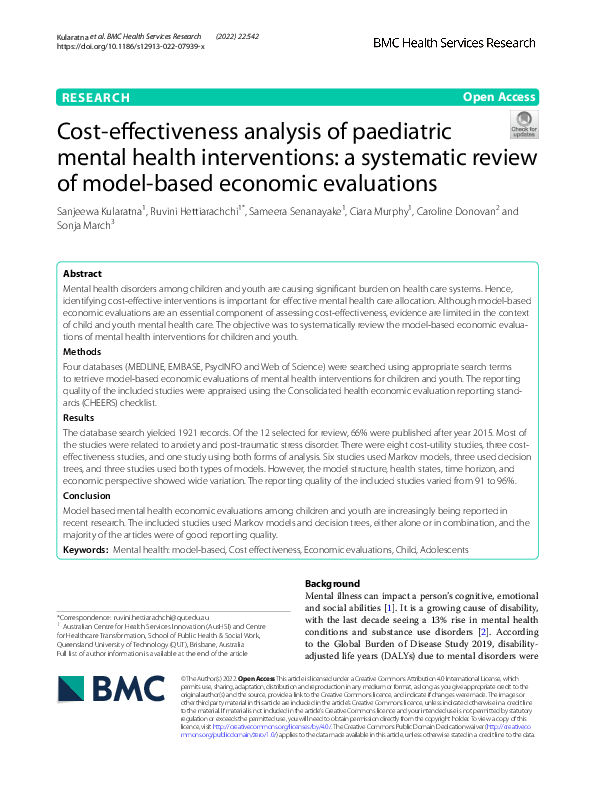 (PDF) Cost-effectiveness analysis of paediatric mental health interventions: a systematic review ...