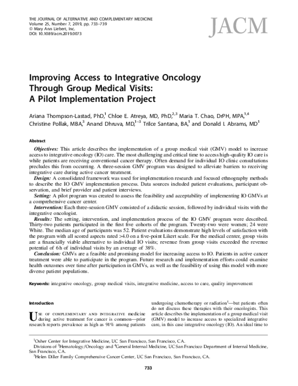 (PDF) Improving Access to Integrative Oncology Through Group Medical Visits: A Pilot ...