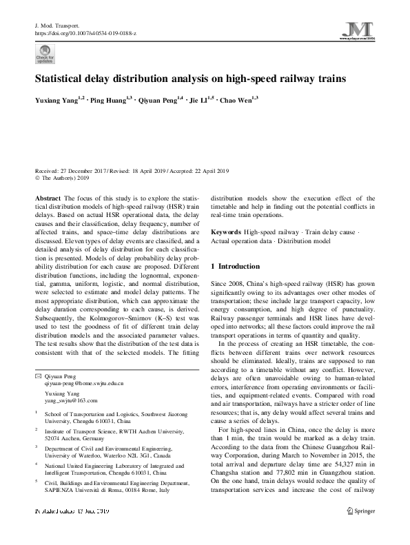 (PDF) Statistical delay distribution analysis on high-speed railway trains