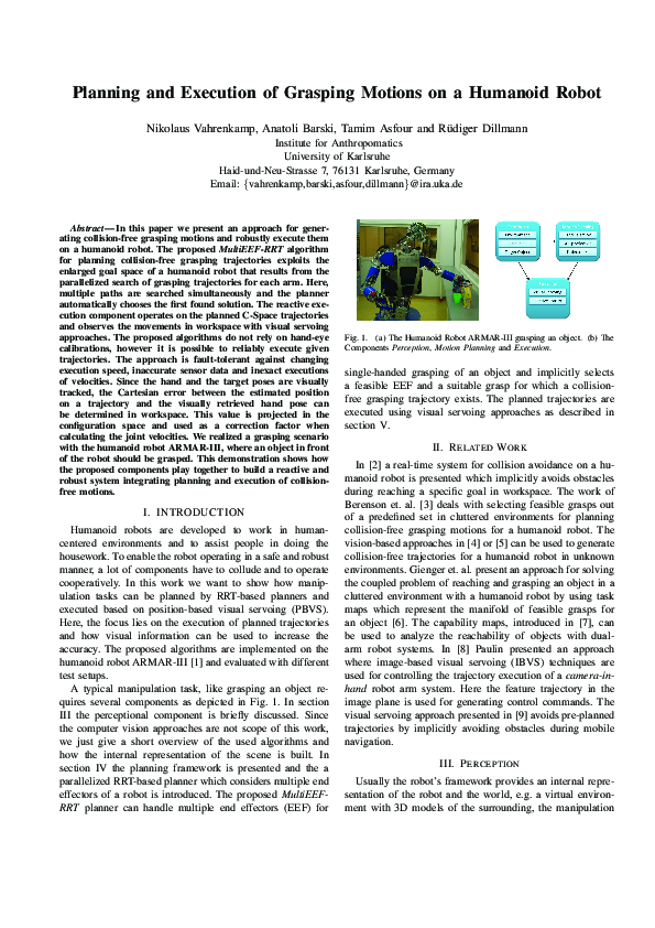 Pdf Planning And Execution Of Grasping Motions On A Humanoid Robot Rudiger Dillmann