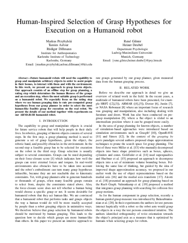 (PDF) Human-inspired selection of grasp hypotheses for execution on a humanoid robot | Rudiger ...