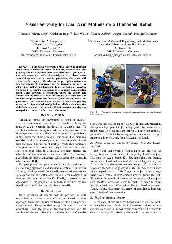(PDF) Visual servoing for dual arm motions on a humanoid robot