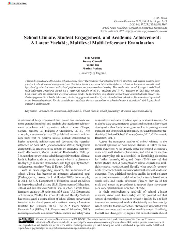 (PDF) School Climate, Student Engagement, and Academic Achievement: A Latent Variable ...